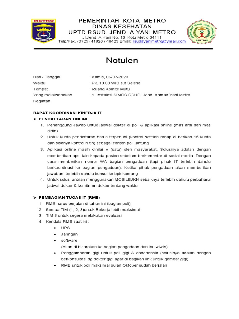 Notulen Agenda Rapat SIMRS | PDF