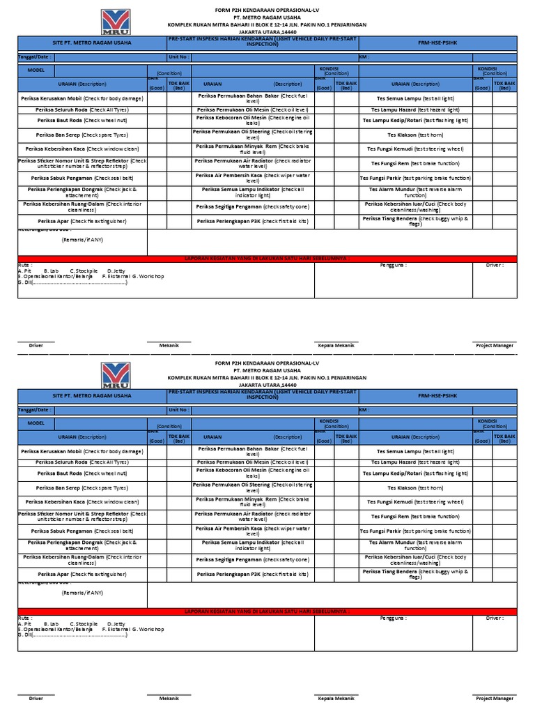 Formulir P2H Kendaraan Operasional LV | PDF
