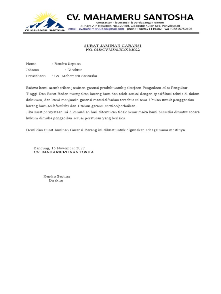 Surat Garansi Pengadaan Barang | PDF | Bisnis | Pengelolaan Keuangan & Uang