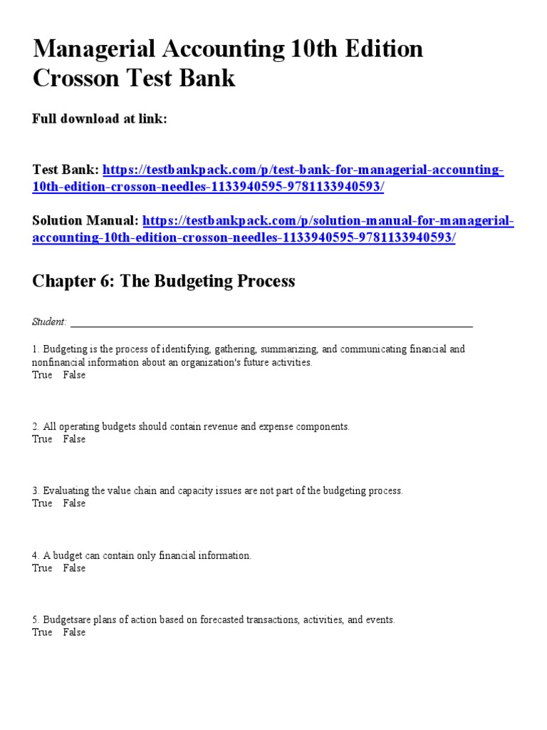 Managerial Accounting 10th Edition Crosson Test Bank Download | PDF ...