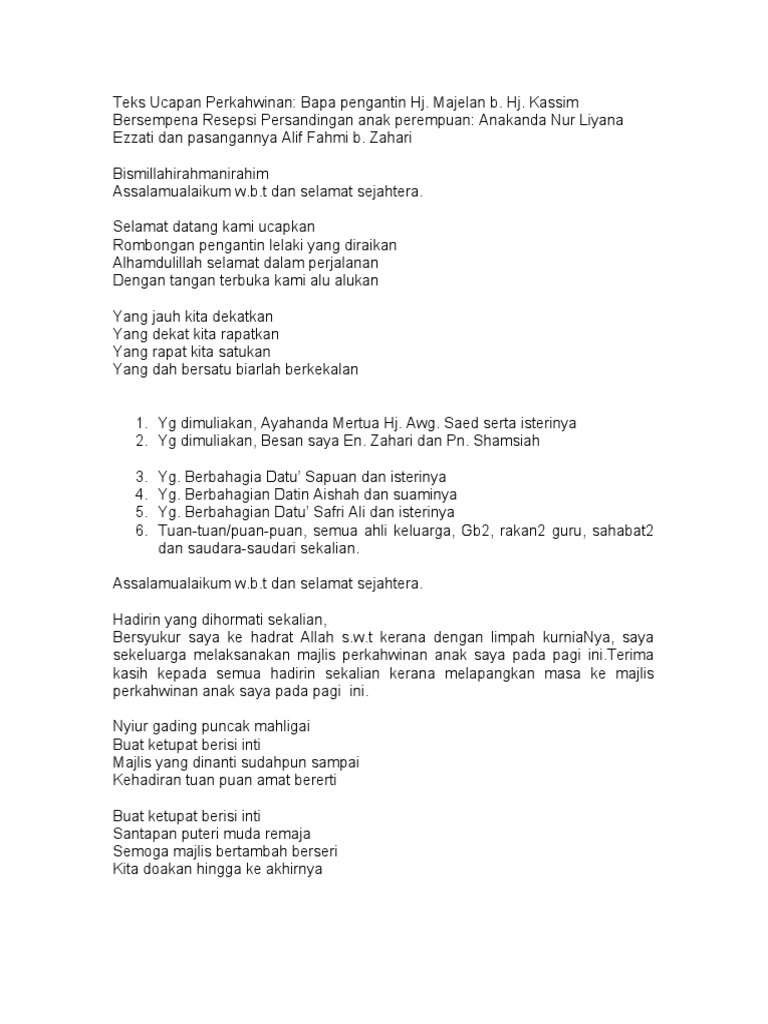 Teks Ucapan Majlis Perkahwinan | PDF | Memasak, Makanan, & Anggur