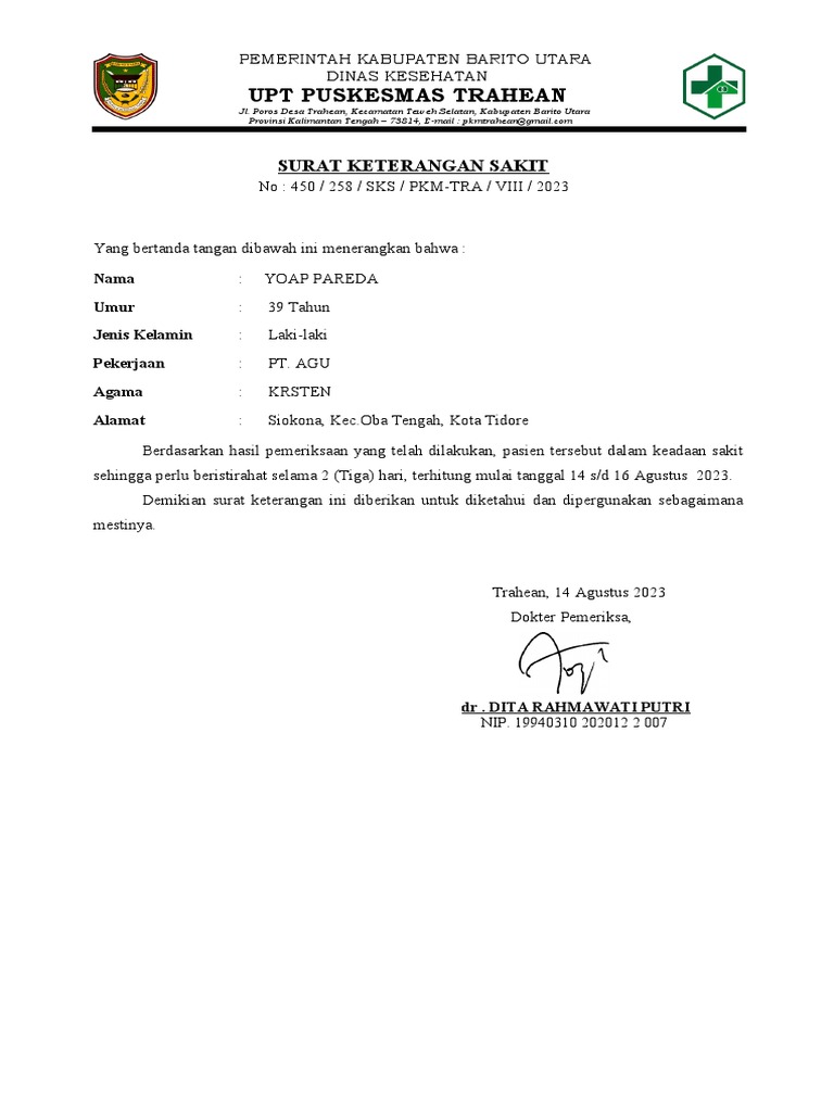 Surat Keterangan Sakit Puskesmas | PDF