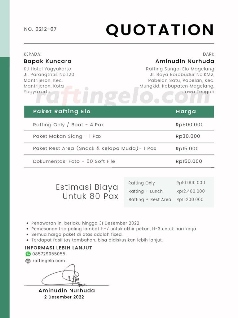 Quotation - Rafting To KJ Hotel YK | PDF