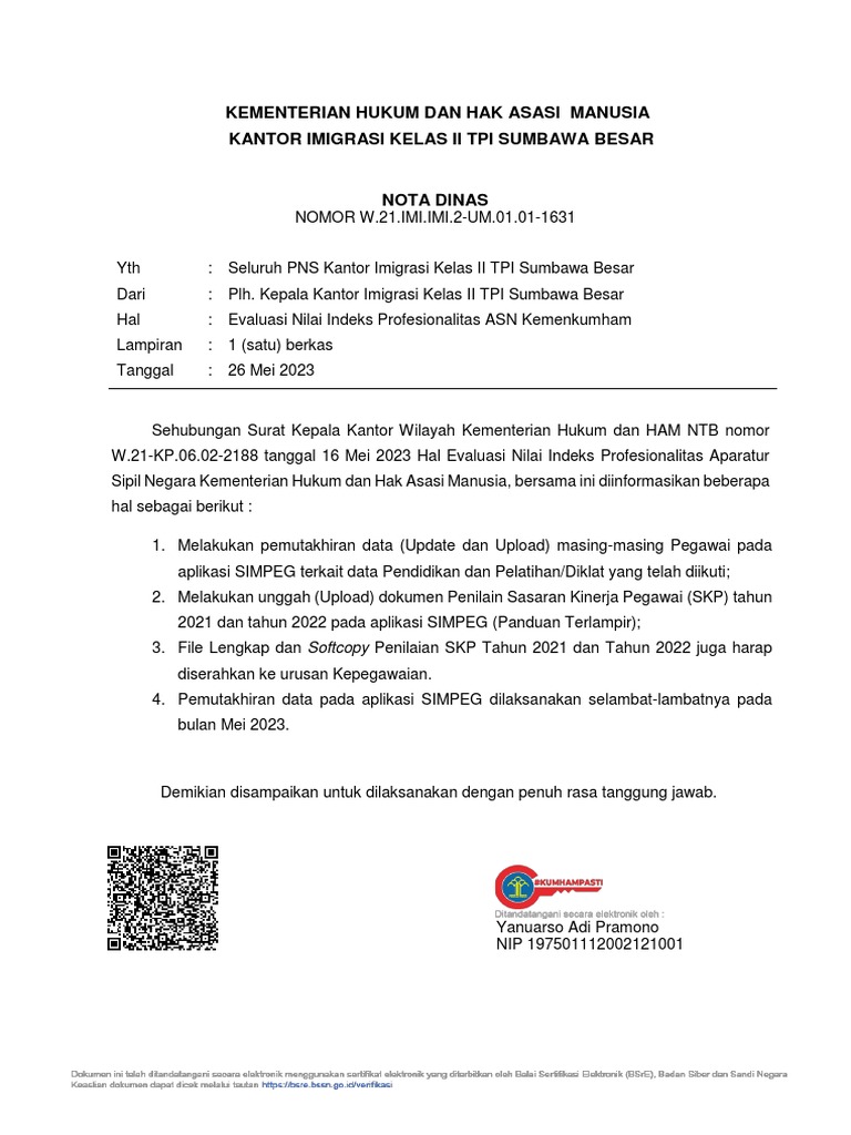 Nota Dinas Evaluasi Nilai Indeks Profesionalitas ASN | PDF
