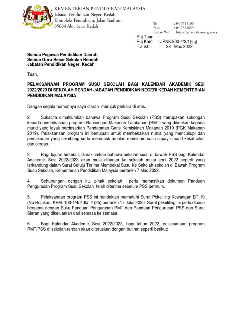 Pelaksanaan Program Susu Sekolah Bagi Kalendar Akademik Sesi 2022 2023 ...