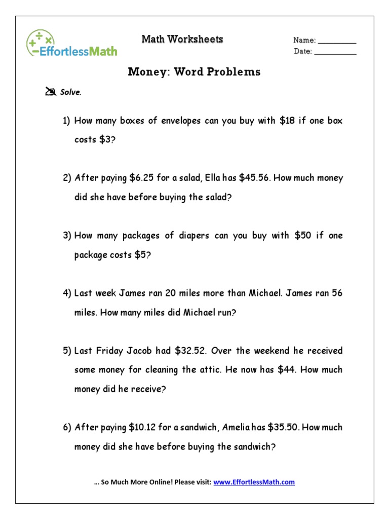 Money-Word-Problems - Grade 3 | PDF | Games & Activities | Wellness