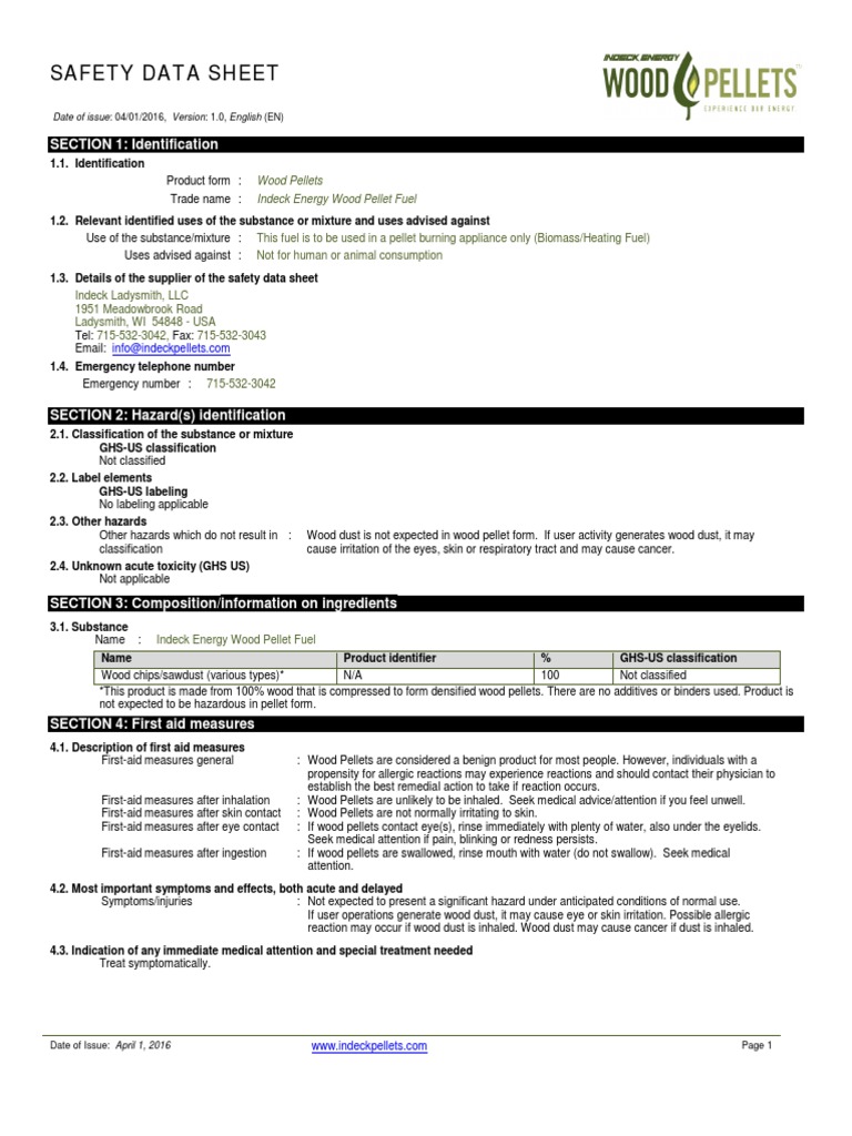 Safety Data Sheet - Indeck Energy - Wood Pellet Fuel - US GHS English | PDF