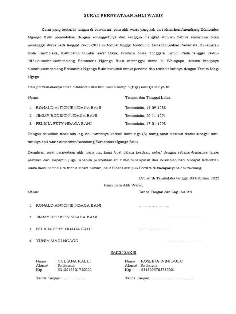 Suat Pernyataan Ahli Waris Roni | PDF