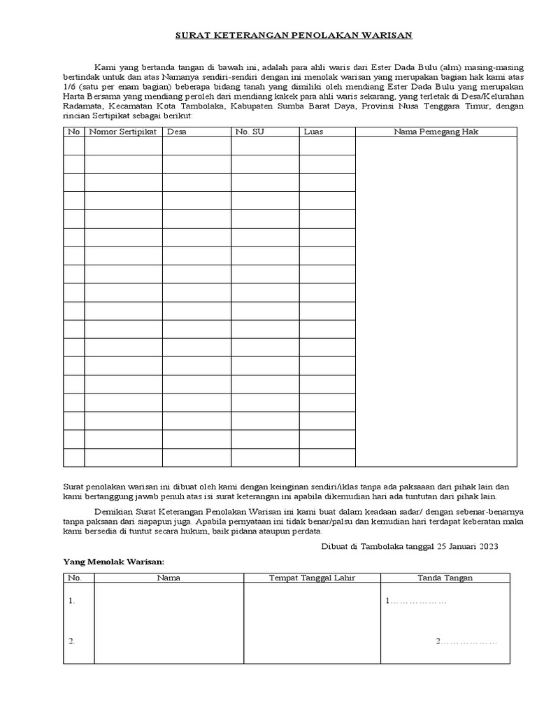 Surat Keterangan Penolakan Warisan | PDF