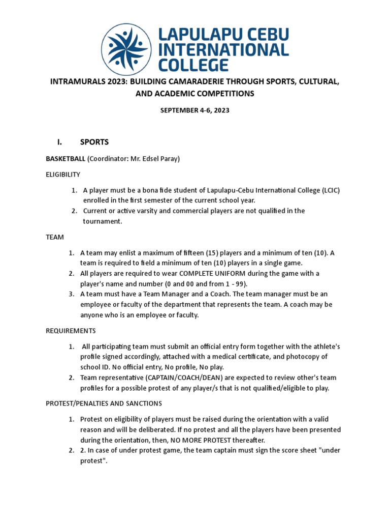 INTRAMURALS 2023 Guidelines For The Different Events | PDF