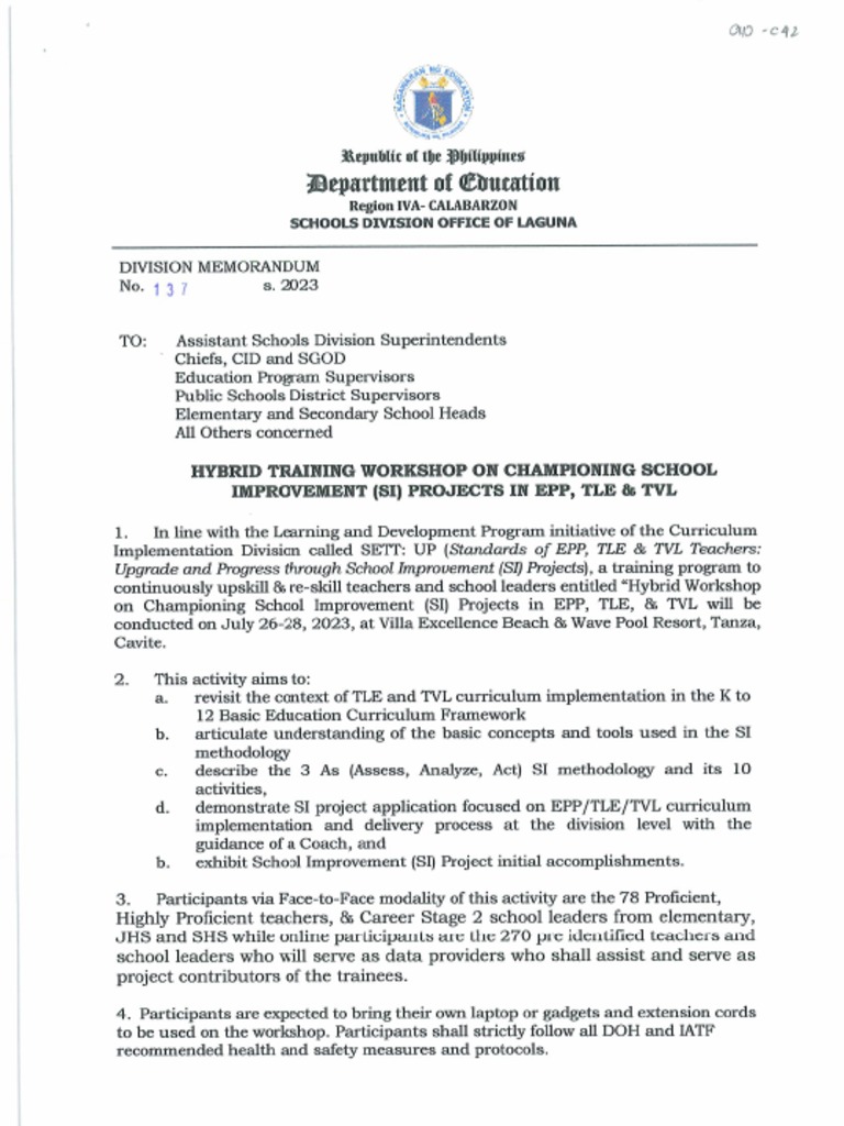 DM137s2023 HYBRID TRAINING WORKSHOP ON CHAMPIONING SCHOOL IMPROVEMENT SI PROJECTS IN EPP TLE TVL ...