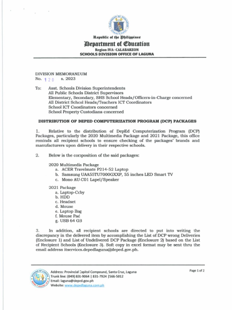 Dm120s2023 Distribution of Deped Computerization Program (Dcp) Packages ...