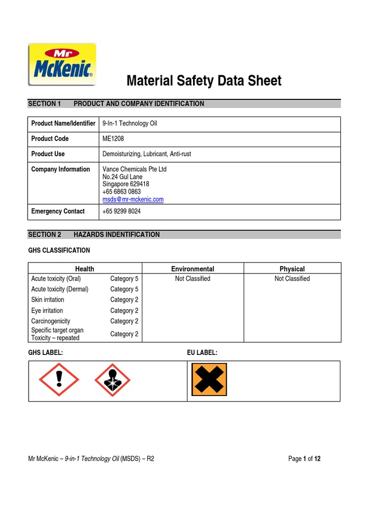 9-in-1 Technology Oil MSDS | PDF | Toxicity | Occupational Safety And Health