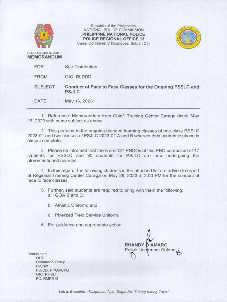 Conduct of Face To Face Classes For The Ongoing PSSLC and PSJLC | PDF