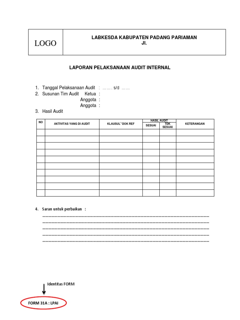 Contoh FORM Laporan Hasil Audit Internal | PDF
