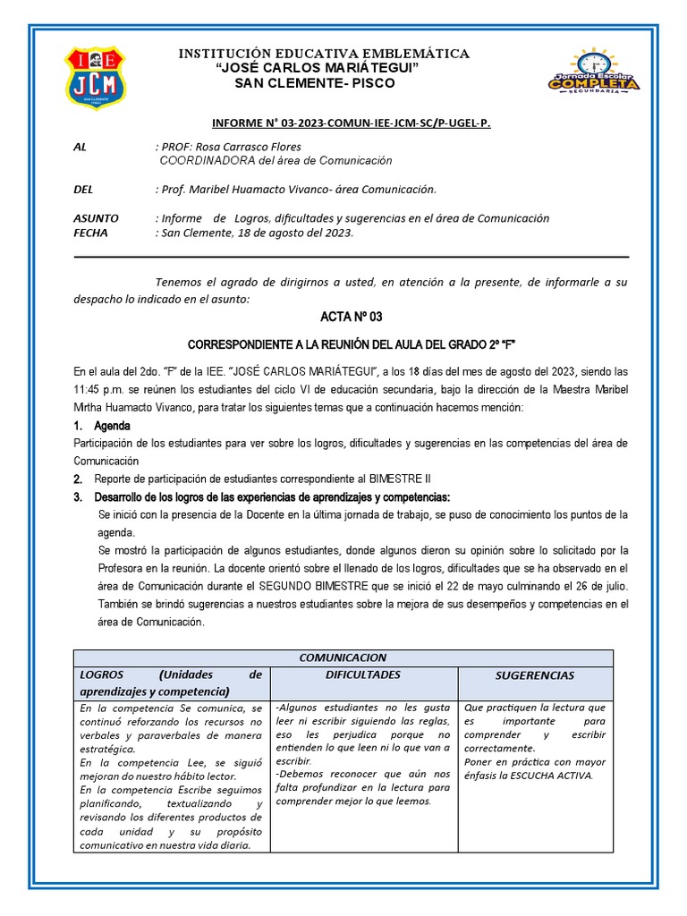 Acta e Informe de Logros y Dificultades-2do F-II Bimestre-2023 | PDF