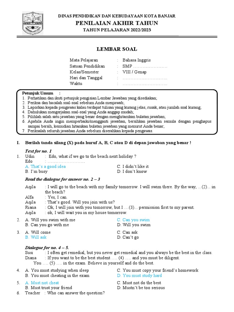 Soal PAT Bhs. Inggris Kls 8 MGMP 2023 | PDF