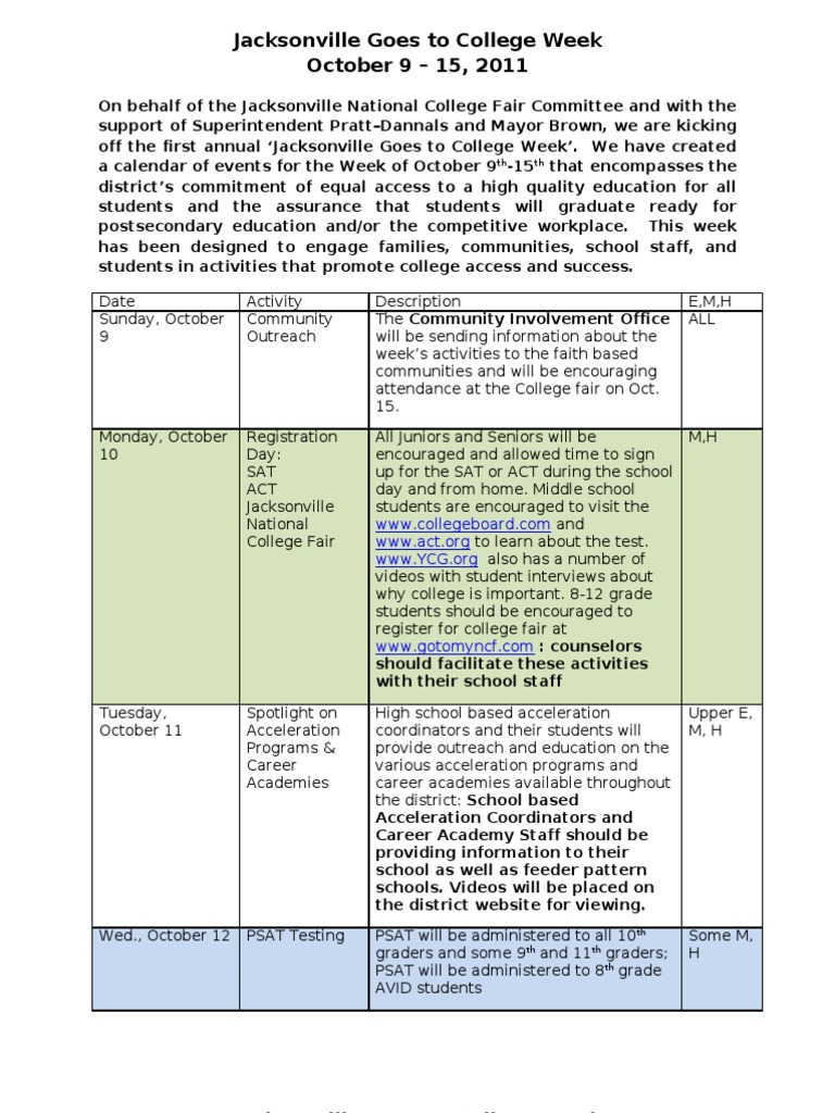 JAX Goes To College Week Activities | PDF | Secondary School | College ...