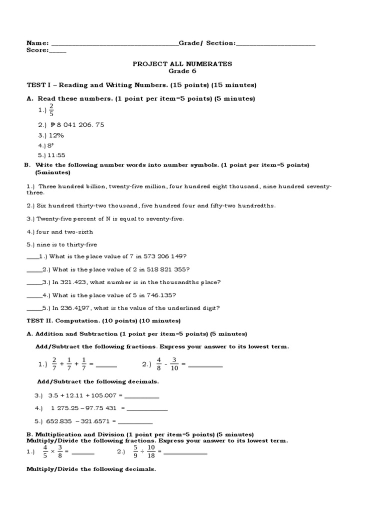 Grade 6 Project An Assessment Tool (Post Test) | PDF