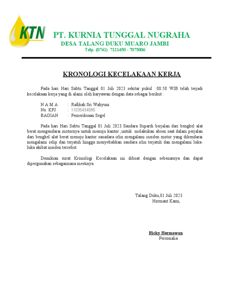 Kronologi Kecelakaan Kerja KTN 2 | PDF