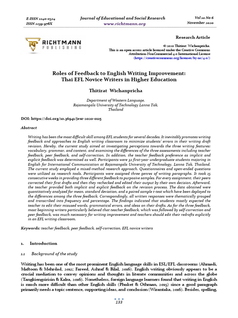 Roles Of Feedback To English Writing Improvement T Pdf English As A