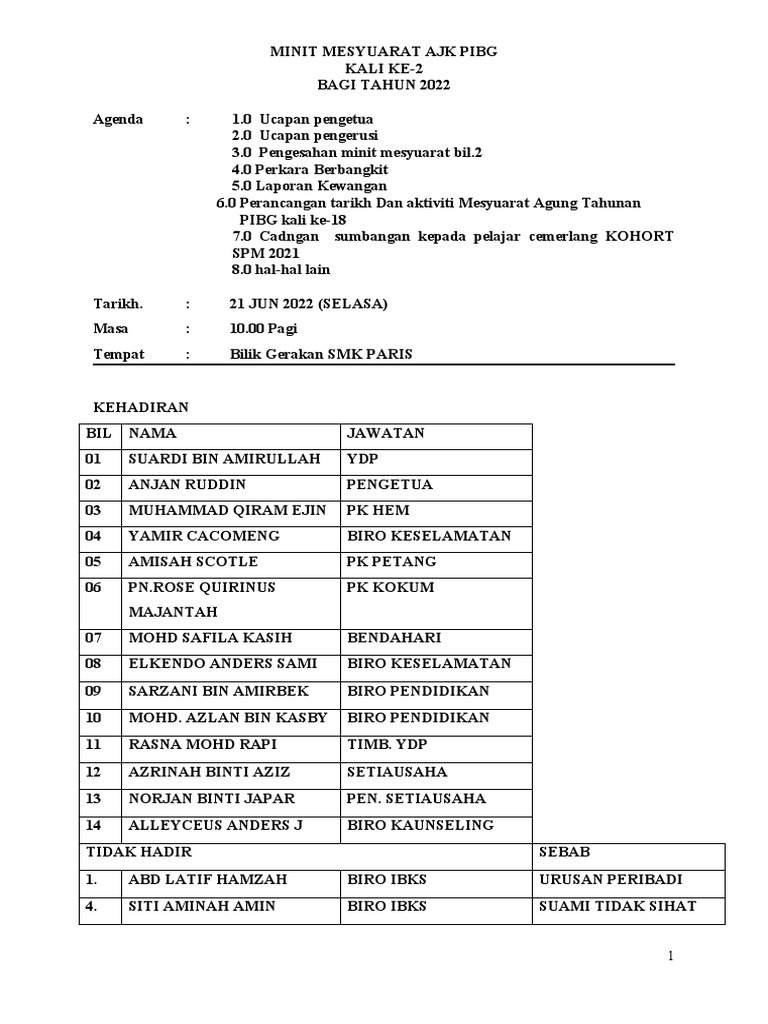 Minit Mesyuarat PIBG KALI KE 3 2022 | PDF