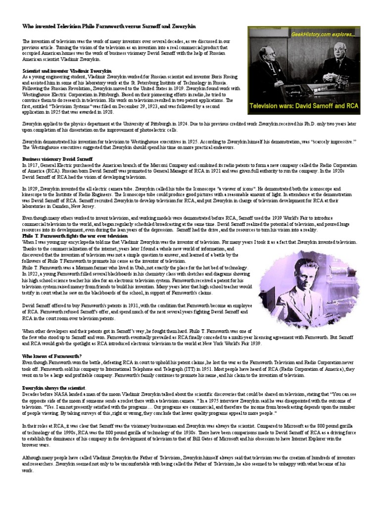 Philo Farnsworth vs. David Sarnoff | PDF | Television | Electrical ...
