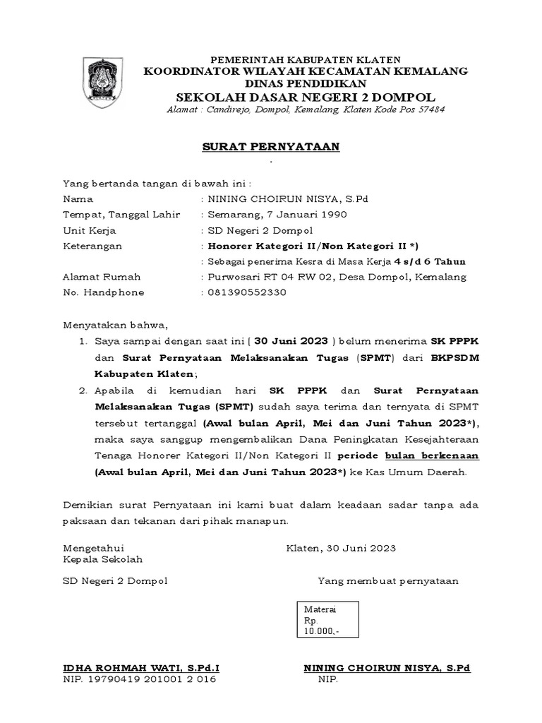 Surat Pernyataan Pengembalian Dana PPPK 2023 | PDF
