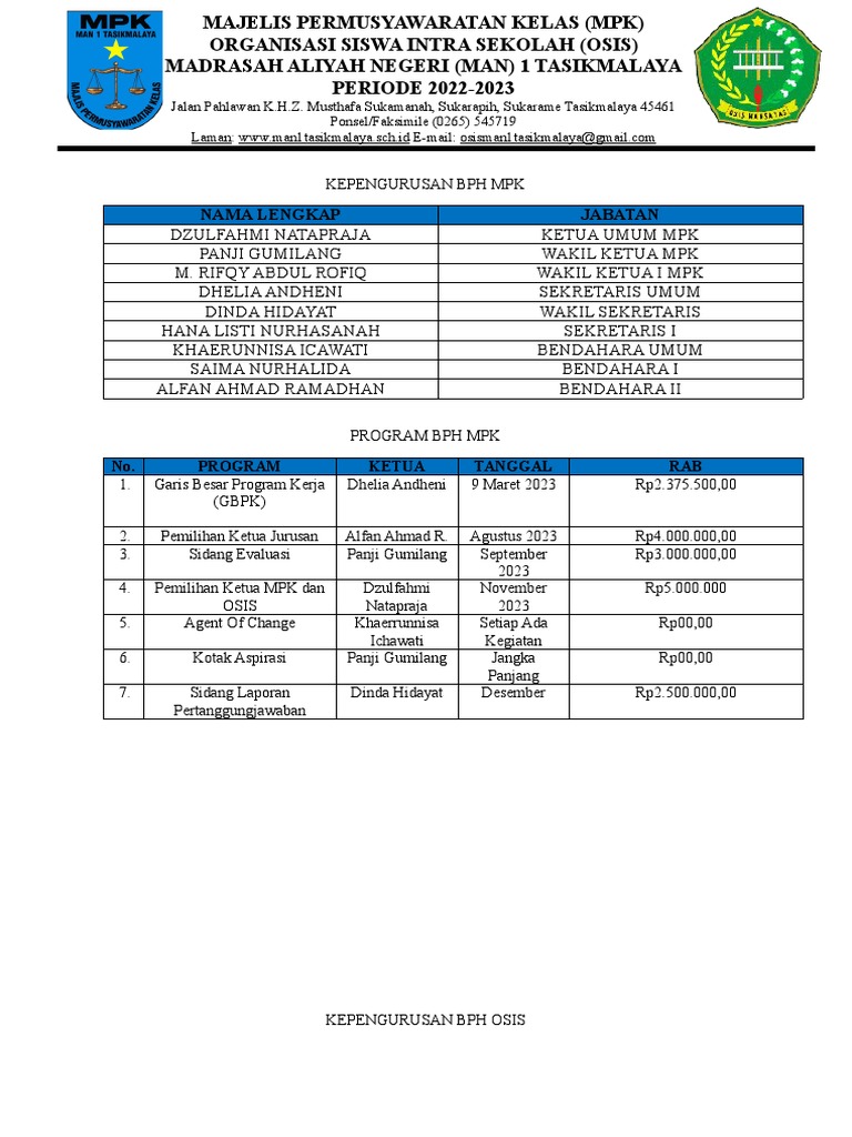 Program Kerja MPK Osis 2023 | PDF