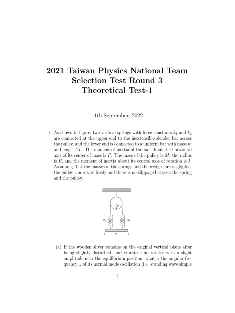 Taiwan Physics National Team Selection Test Round 3 2021 Part 1 Pdf Sphere Oscillation 