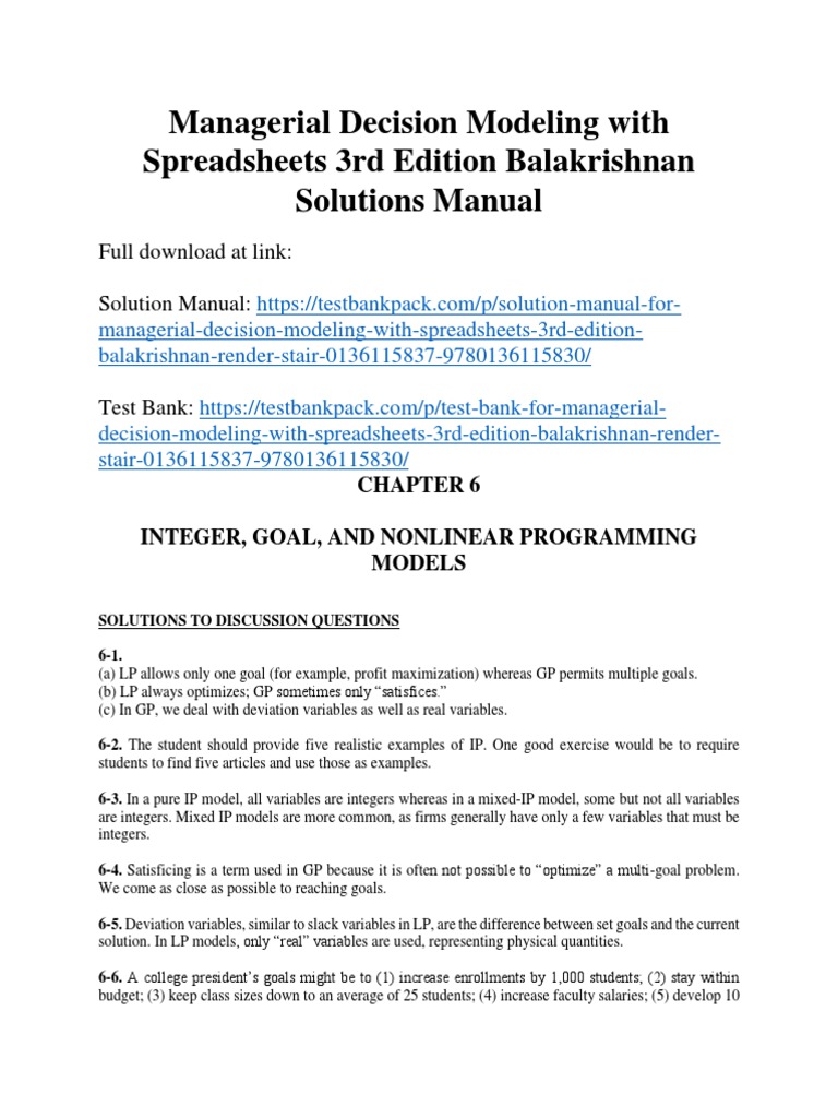 Managerial Decision Modeling With Spreadsheets 3rd Edition Balakrishnan Solutions Manual ...