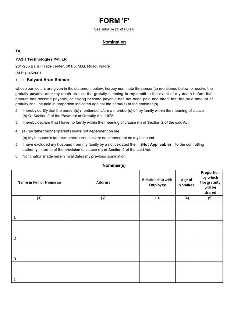 Gratuity Nomination Form F For YTPL | PDF | Private Law | Justice