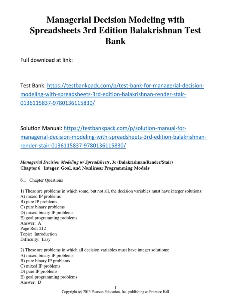 Managerial Decision Modeling With Spreadsheets 3rd Edition Balakrishnan ...