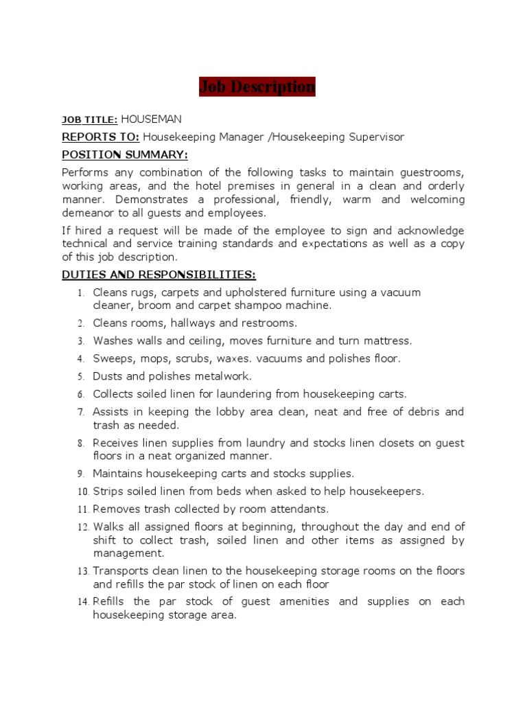 Housekeeping Job Description