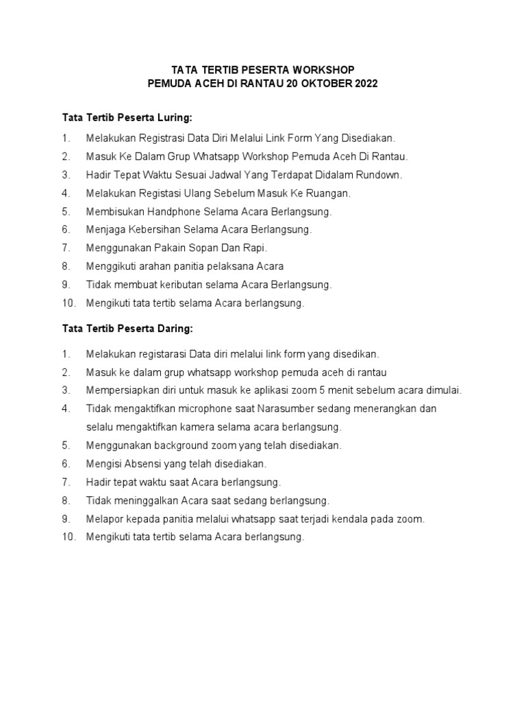 TATA TERTIB PESERTA WORKSHOP Luring Dan Daring | PDF