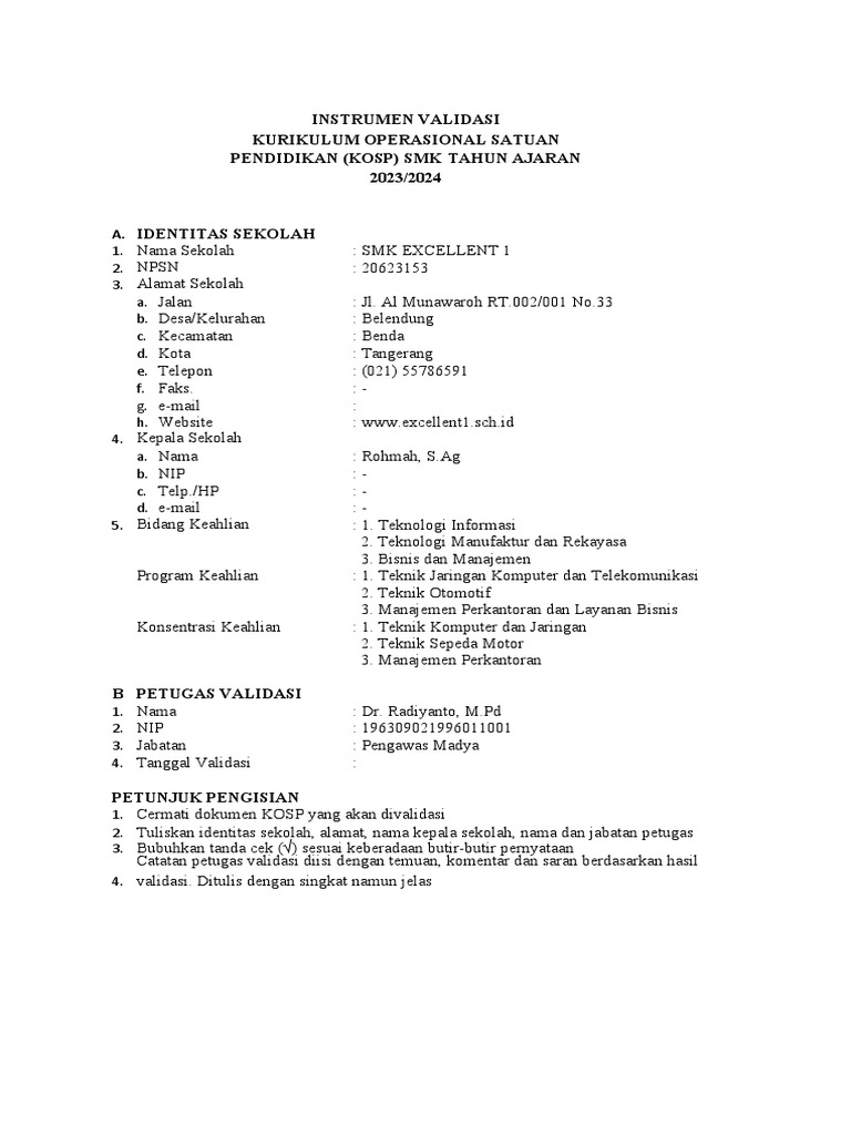 Validasi KOSP SMK Excellent 1 2023/2024 | PDF