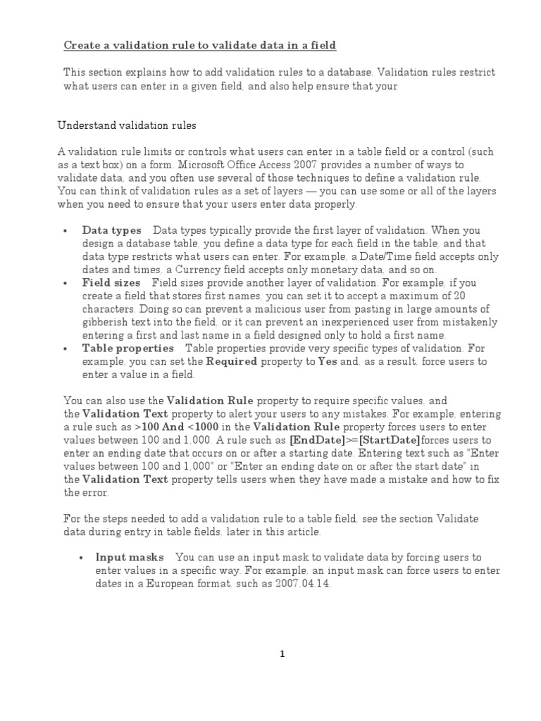 Create a Validation Rule to Validate Data in a Field | PDF | Visual Basic For Applications ...