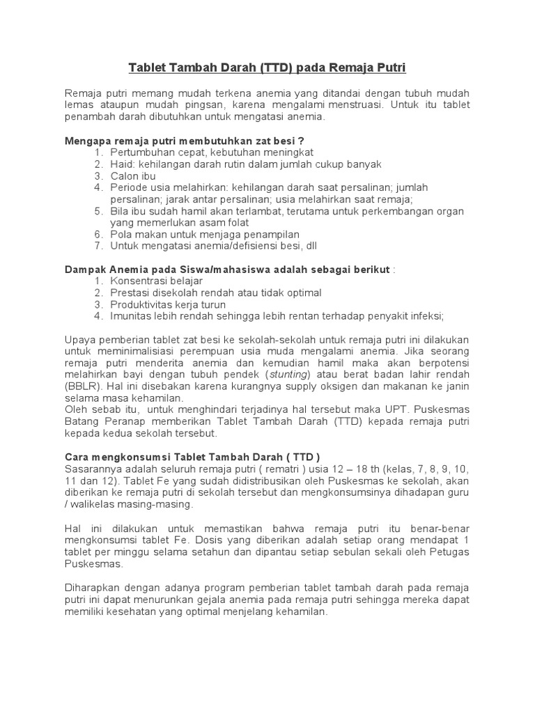 Pemberian Tablet Tambah Darah untuk Remaja | PDF