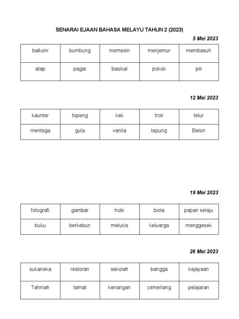 Senarai Ejaan Bahasa Melayu Tahun 2 2023 | PDF