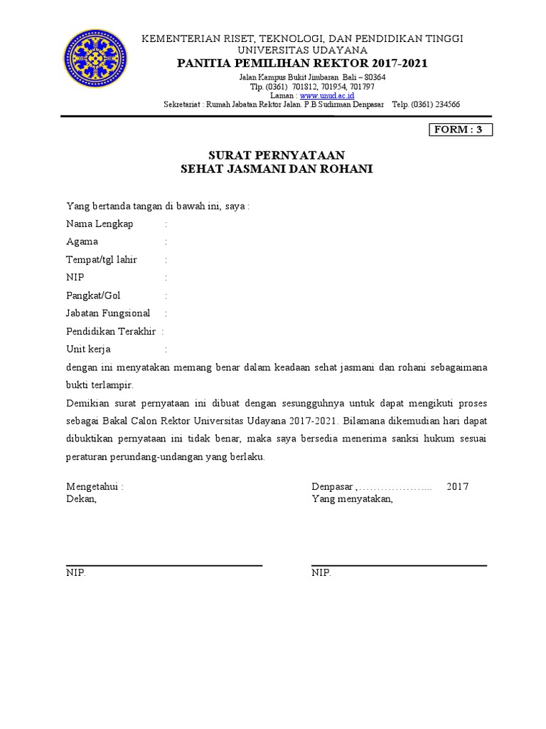Form 3. Surat Pernyataan Sehat Jasmani Dan Rohani | PDF