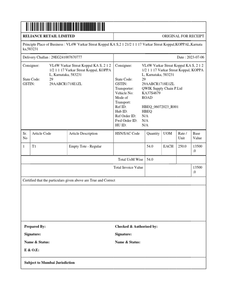 Reliance Retail Delivery Challan 2023 | PDF | Service Industries | Transport