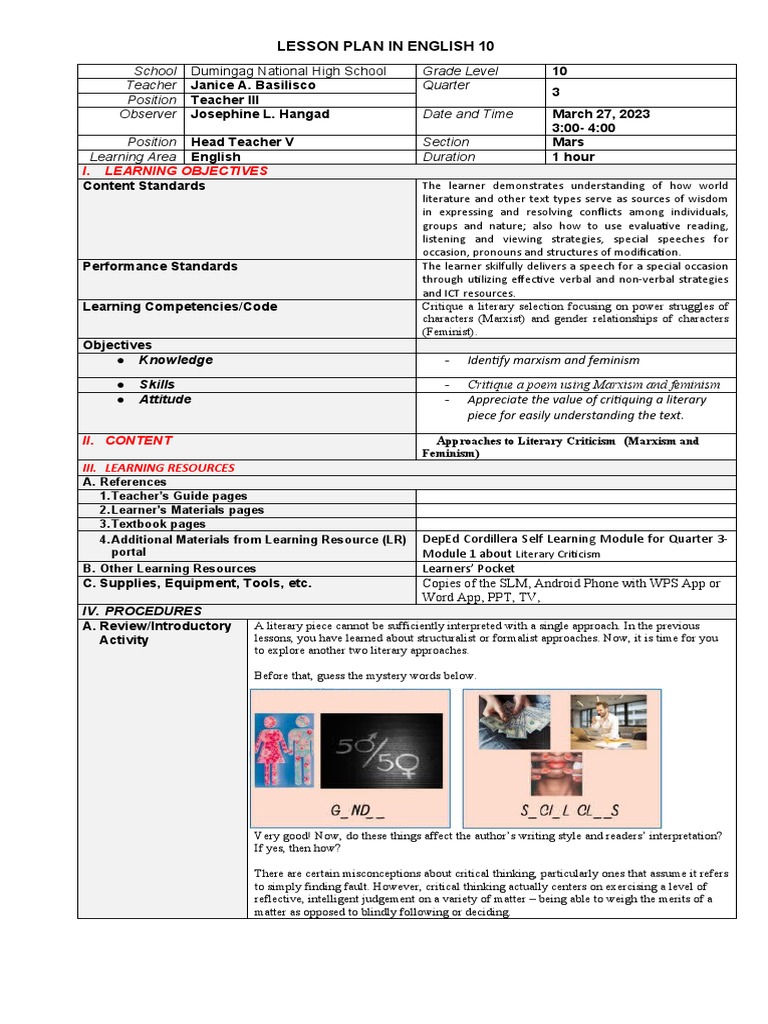 LESSON-PLAN-IN-ENGLISH-10-third-grading | PDF