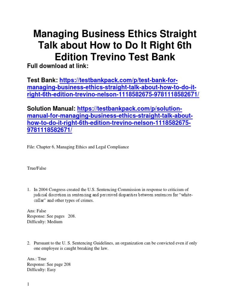 Test Bank for Business Ethics 6th Edition | PDF