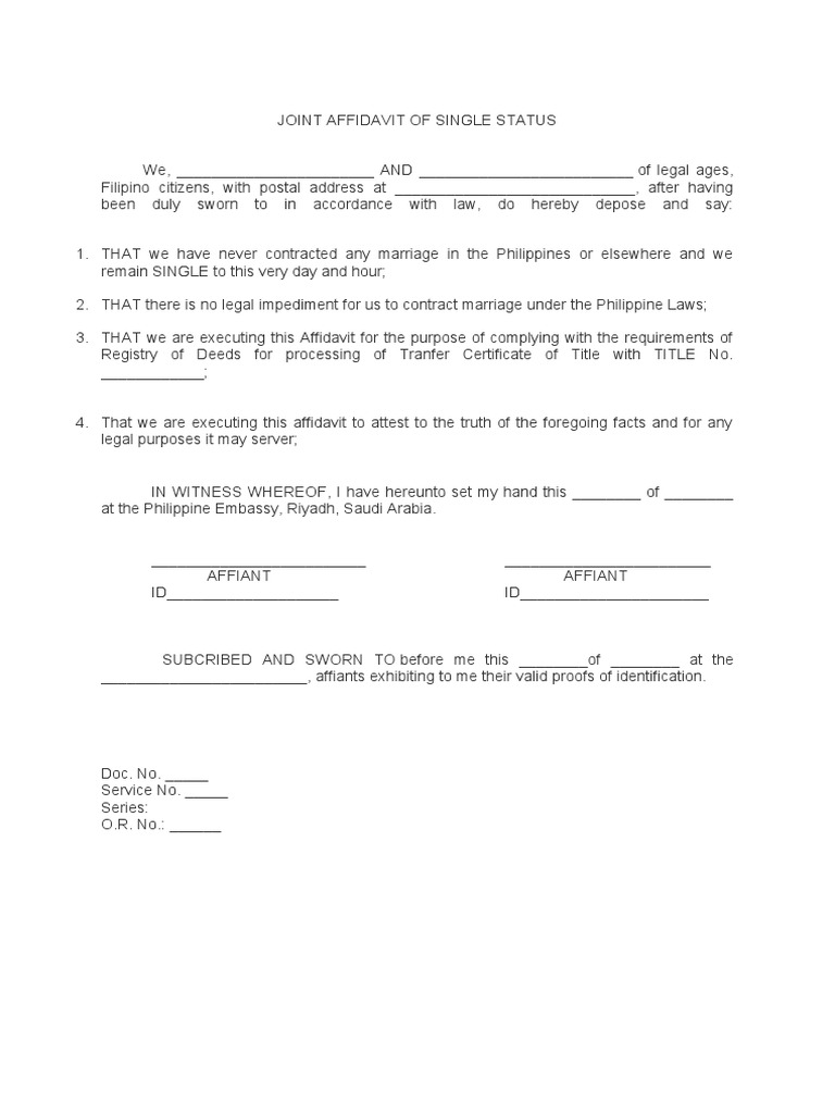 Affidavit of Single Status for Title Transfer | PDF | Law