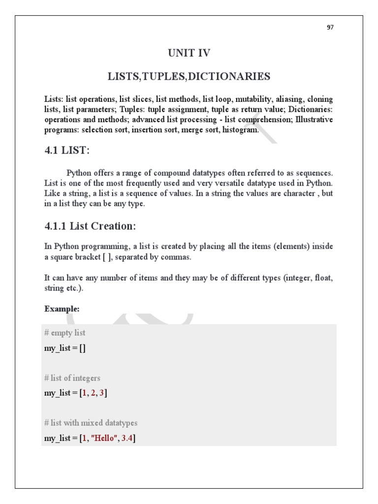 Python Lists, Tuples, and Dictionaries Guide | PDF
