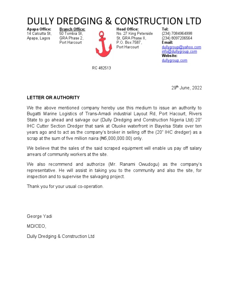 Dully Dredging & Construction LTD Dredger Authorization Letter | PDF