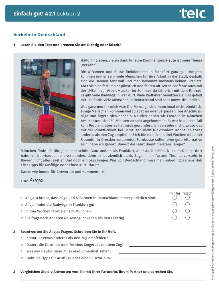Einfach Gut A2.1 Lektion 2 Lesetext Verkehr in Deutschland | PDF