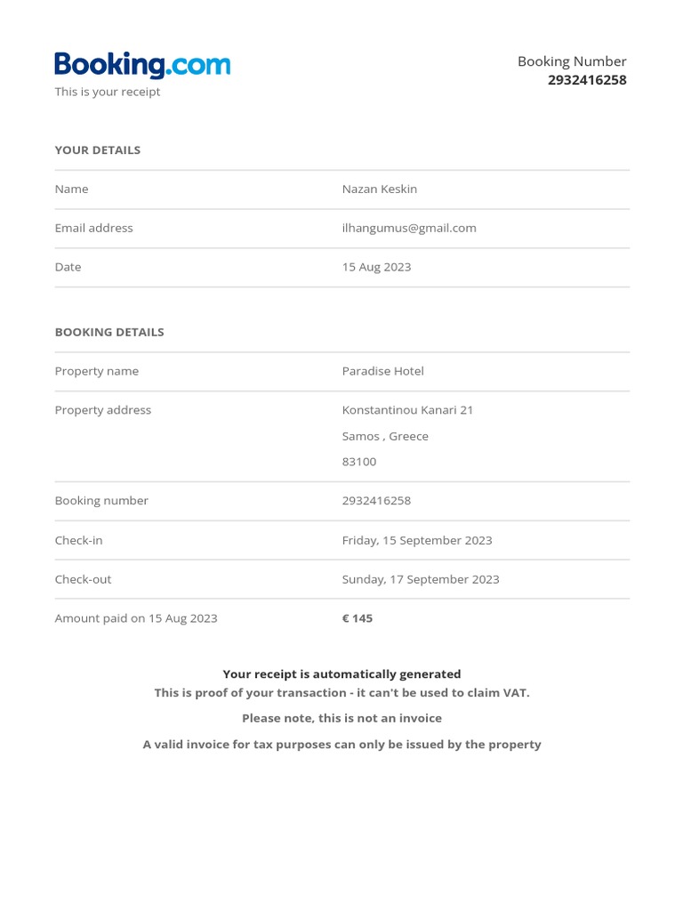 Booking Receipt for Paradise Hotel | PDF