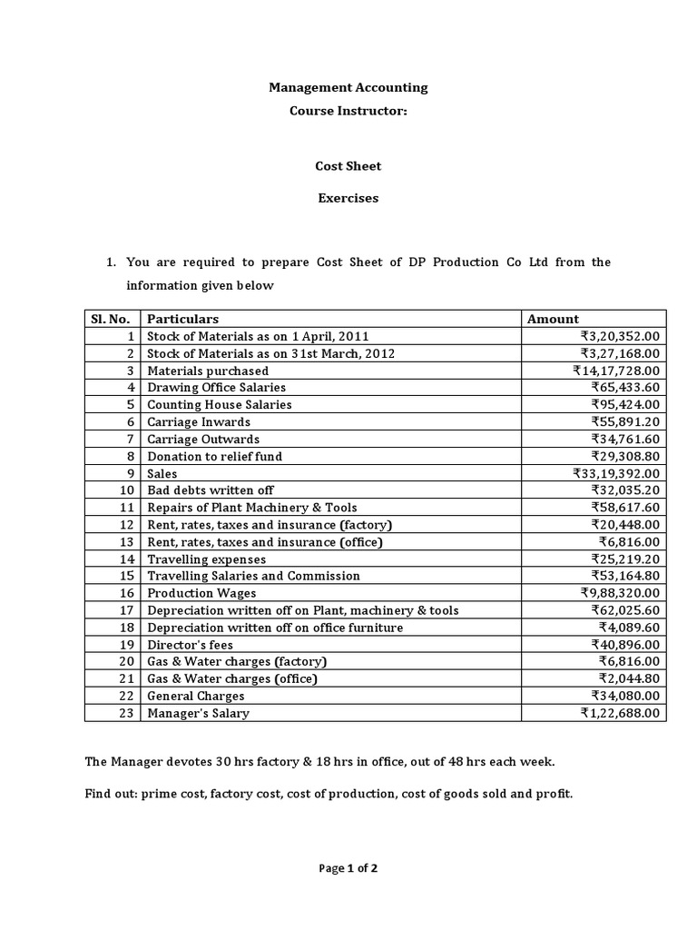 cost sheet numericals (1) | PDF