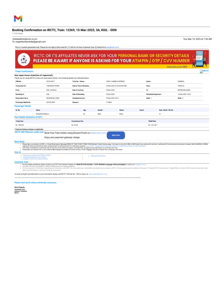 1gmail - Booking Confirmation On IRCTC, Train - 12369, 15-Mar-2023, 3A ...